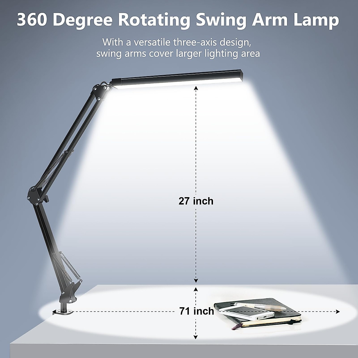 ODOM Desk Lamp, Swing Arm Desk Lamps with Clamp, 10 Brightness for Desk Light, Eye-Caring Desk Lamps for Home Office, Upgraded 12V Adapter with Memory Function