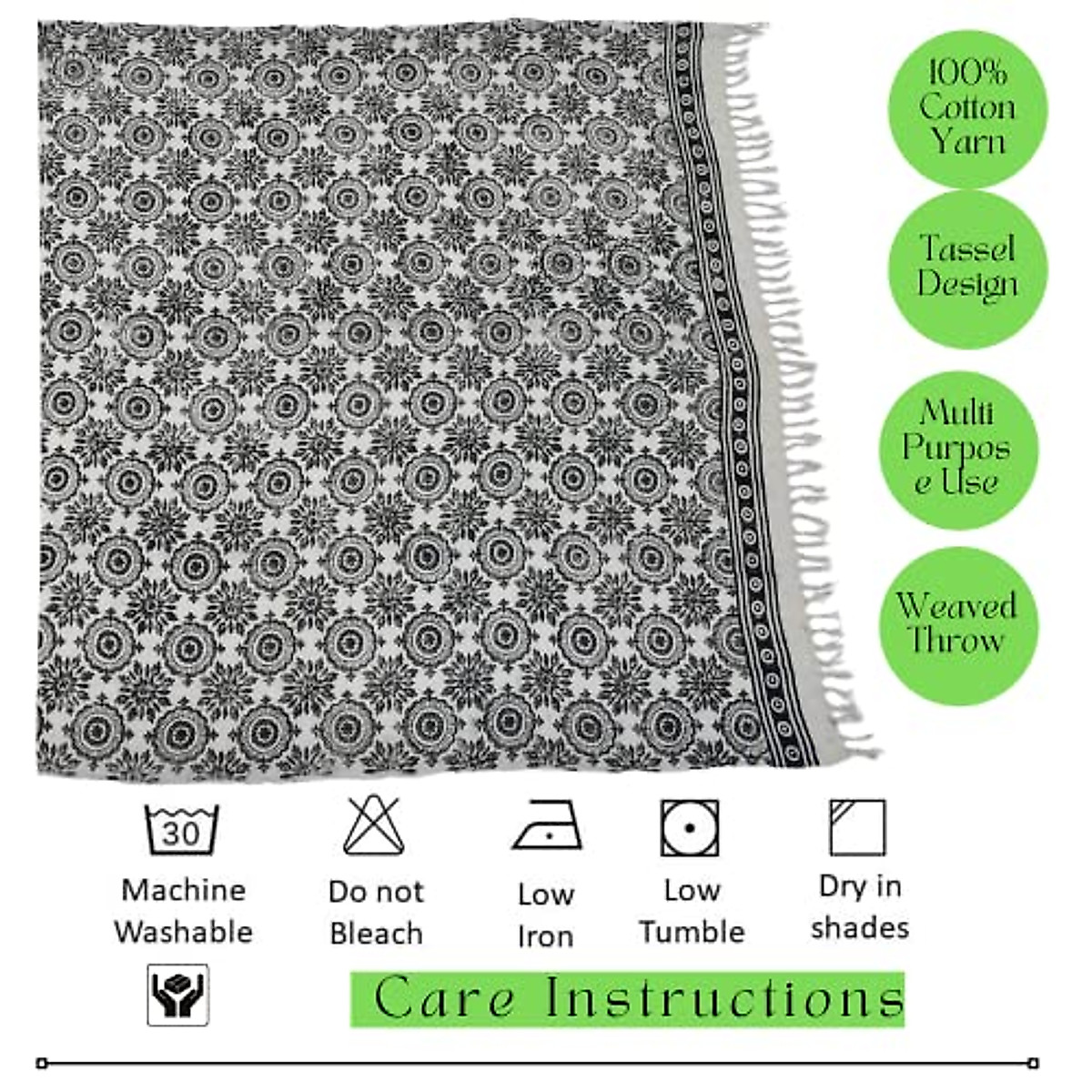 InstyleCraft - Cotton Throw Blanket - Woven Warm Boho Decor Couch Chair Sofa Bed Kitchen Living Room - Block-Printed - Chair Blanket with Tassels for Outdoor Camping Beach Picnic