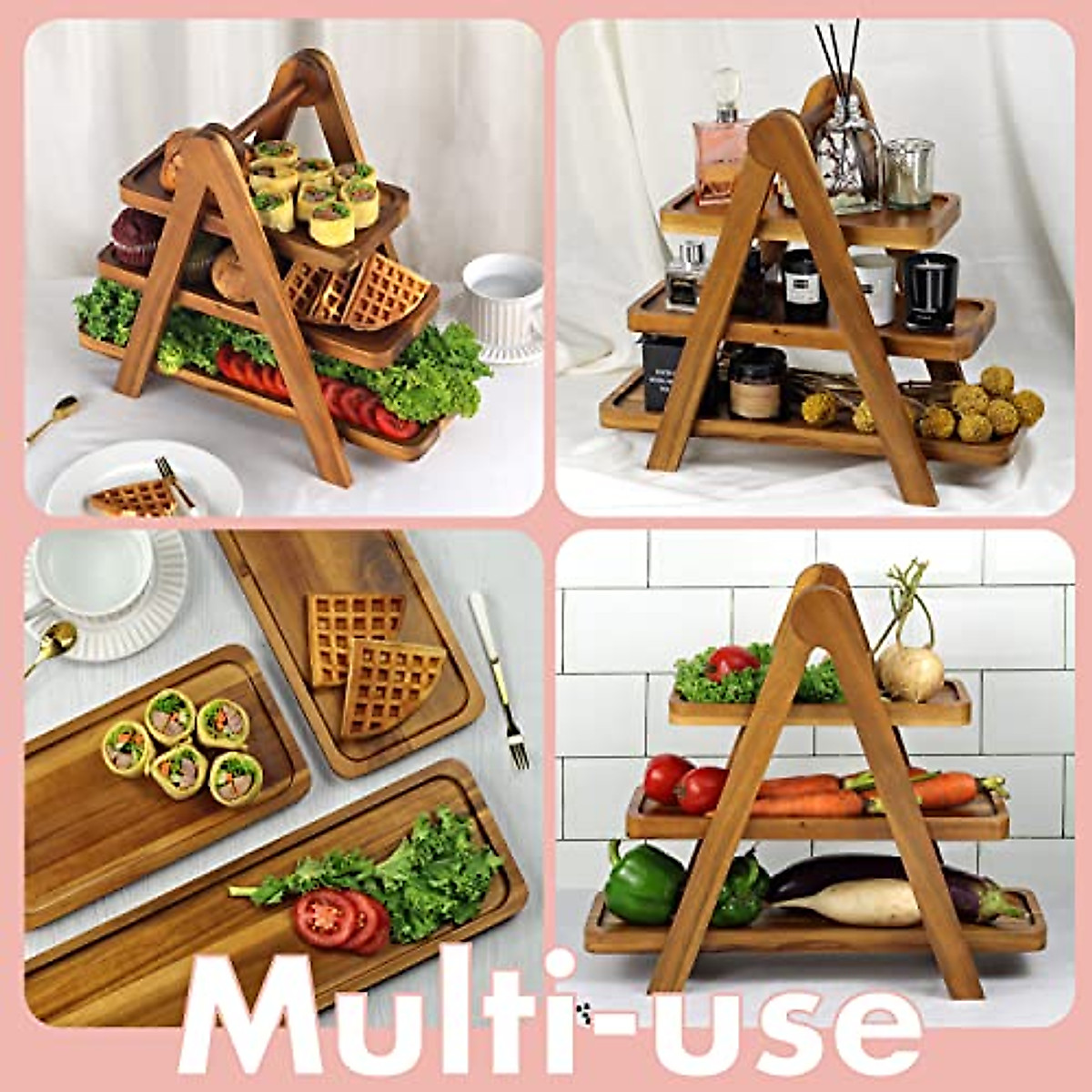 3 Tier Serving Tray Can Collapsible, Acacia Wooden Cupcake Stand Three Tiered, Tier Serving Stand with 3 Acacia Wooden Serving Platters for Entertaining, Rustic Wood Tray Vintage Party Buffet, Cupcake