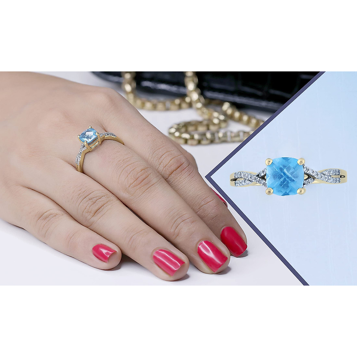 Dazzlingrock Collection 7MM Cushion Blue Topaz & Round White Diamond Swirl Crisscross Split Shank Engagement Ring for Women | 14K Yellow Gold, Size 7.5