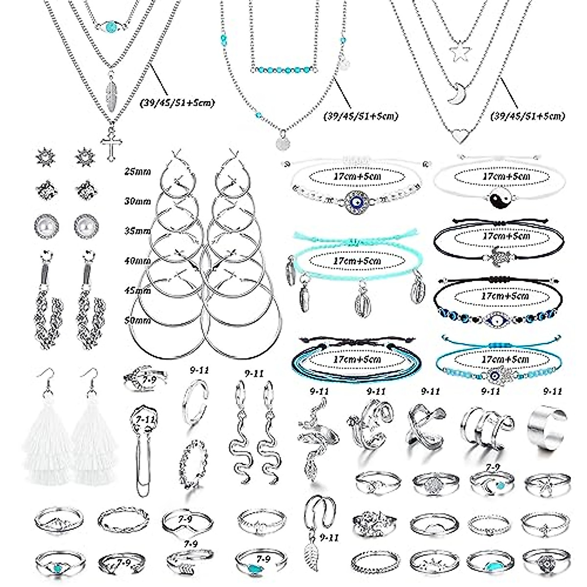 ORAZIO 52 Pcs Jewelry Sets for Women Layered Necklace Adjustable Braided Bracelets Set Dangle Stud Hoop Earrings CZ Stackable Knuckle Ring Set Fashion Ear Cuff Set Silver Gold Women's Jewelry Sets(Silver)