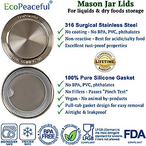 EcoPeaceful 316 Surgical Stainless Steel Mason Jar Lids WIDE Mouth -ORIGINAL DESIGN- Stackable w/Pull-Tab Silicone Seal. Rust-proof, Airtight, Leak-Proof, BPA-Free, PVC-Free, Vegan - Not for Canning