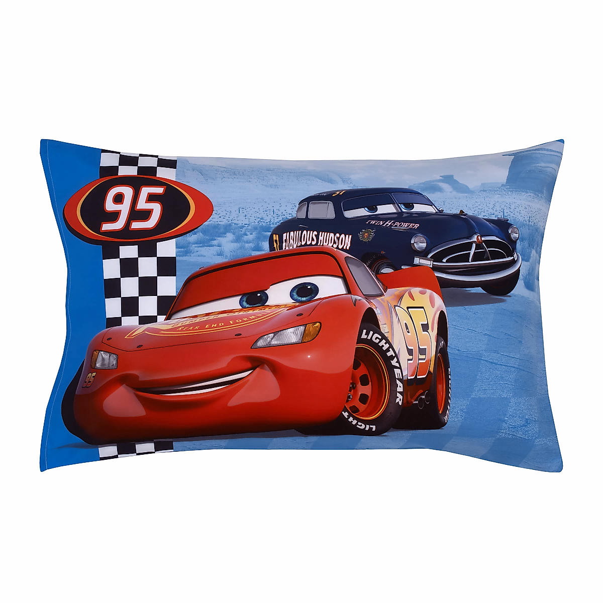 Disney Cars Radiator Springs White, Blue, and Red Lightning McQueen and Tow-Mater 4 Piece Toddler Bed Set - Comforter, Fitted Bottom Sheet, Flat Top Sheet and Reversible Pillowcase