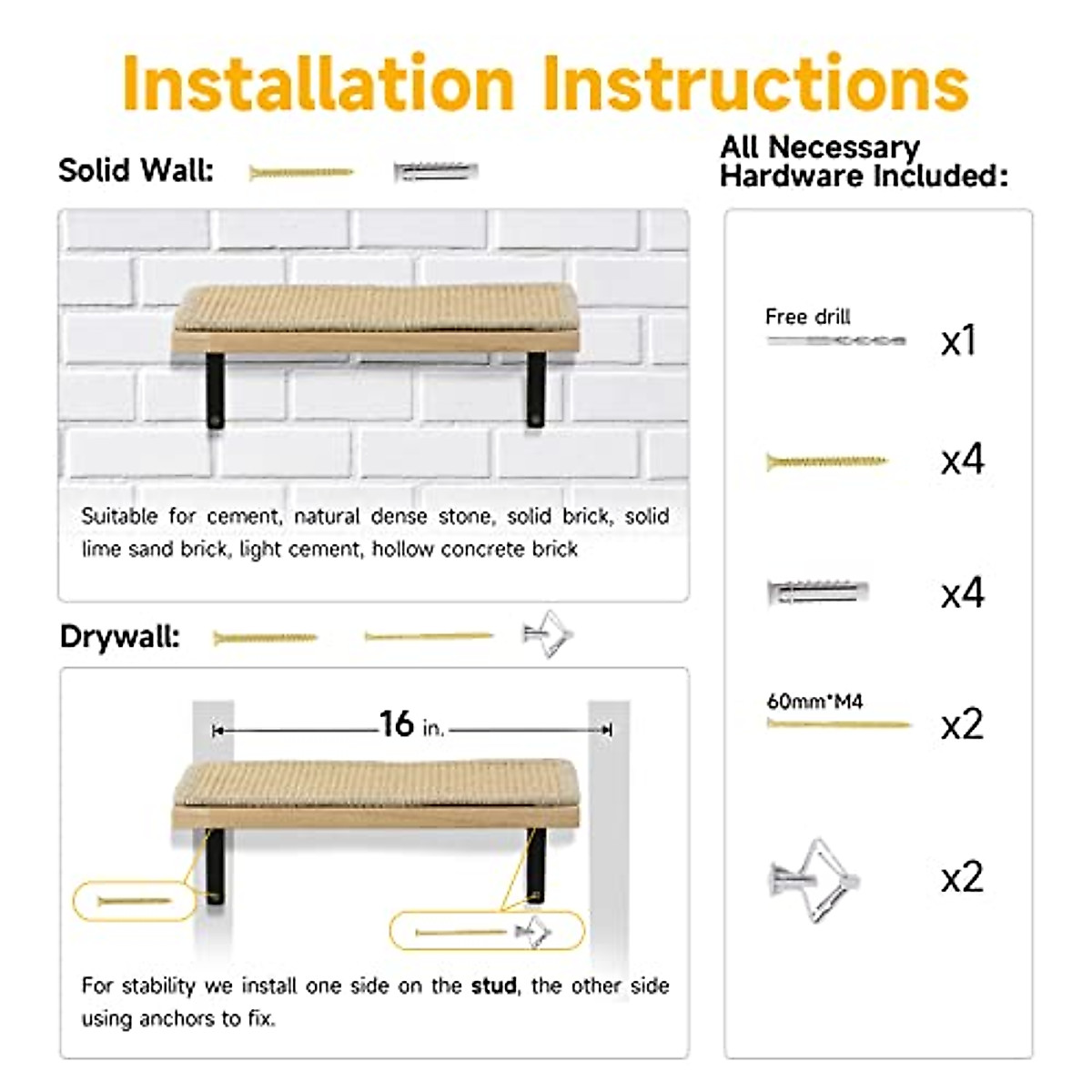 FUKUMARU Cat Wall Shelves, 16 x 10 Inch Cat Wall Furniture with Sisal Mat, Solid Rubber Wood Floating Wall Shelf with Upgraded Installation, Cat Window Perch for Sleeping, Playing and Scratching