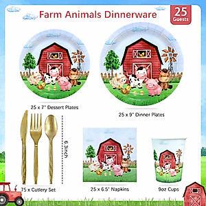 175 Pcs Watercolor Farm Birthday Decorations Plates Set 25 Guests, Barnyard Animals Baby Shower Paper Plates Napkins Cups Cutlery Set Party Supplies