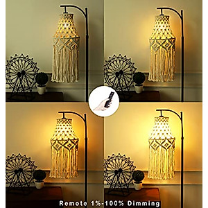 QIYIZM Boho Floor Lamp for Living Room Bedroom,Bohemian Standing Lamp with Control and Dimmable RGB Bulb,Farmhouse Adjustable Floor Light,Macrame Fringe Lamp Shades,Modern Arc Tall Lamp（Colorful Bulb）