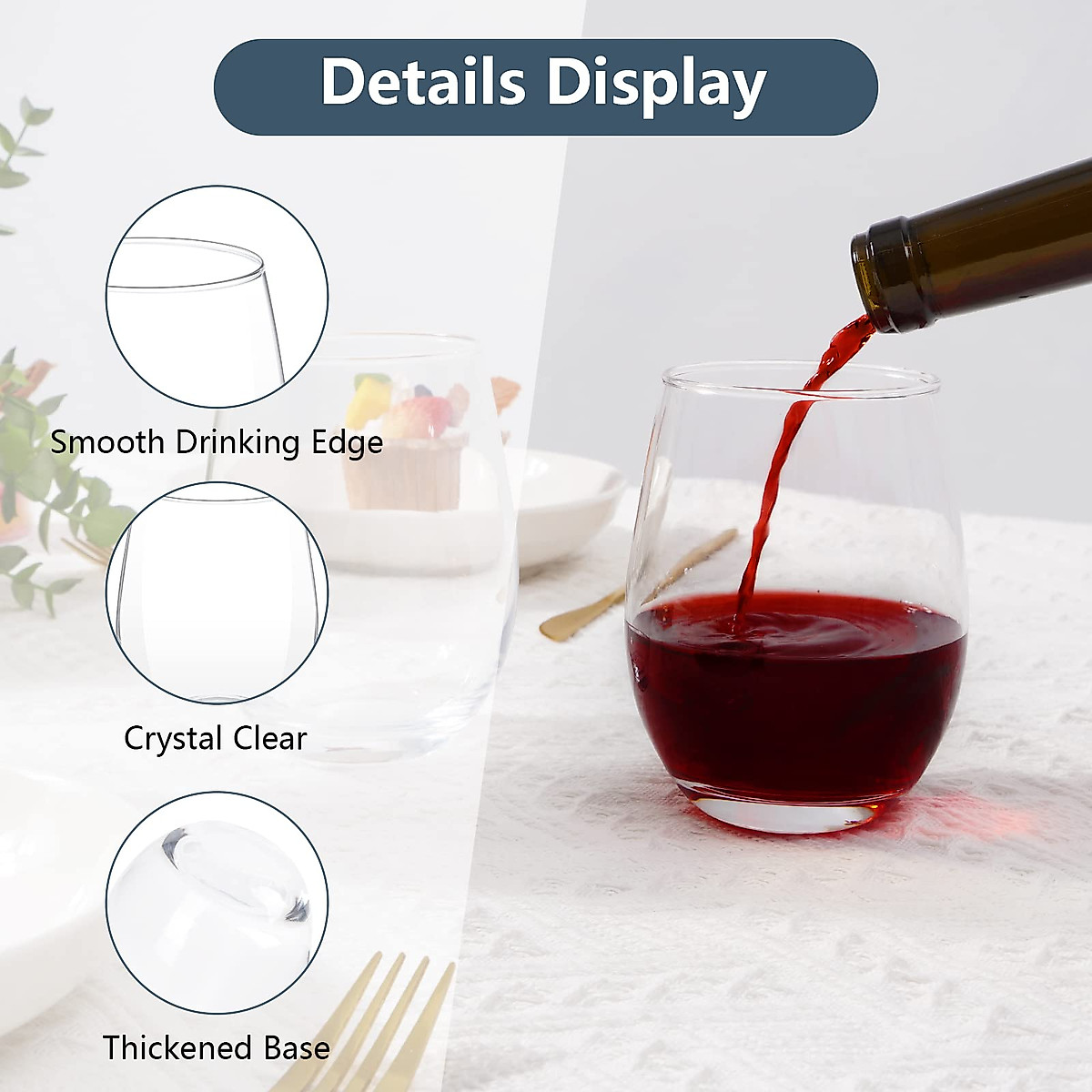 Waipfaru Wine Glasses, 15 oz Stemless Wine Glasses, Set of 4 Glasses for Red or White Wine, Durable Clear Drinking Glasses, Short Wine Tumblers for Gifts, Party, Home, Office, Bars