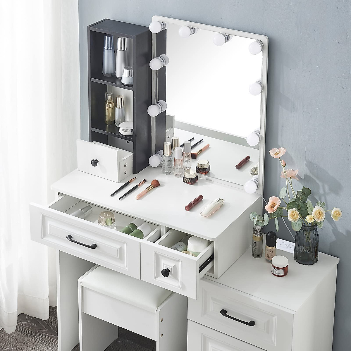 Abesthink Vanity Table,Vanity Dressing Table with Mirror and Charging Station,Makeup Vanity with Lights and Drawers,Vanity Desk with Mirror and Stool,Shelves,White