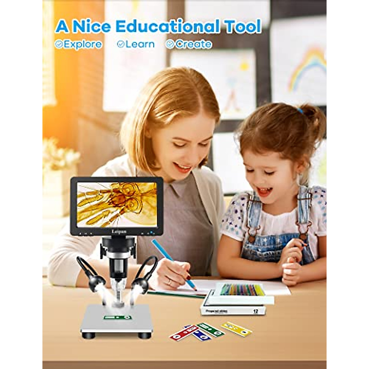 7" LCD Digital Microscope 1200X,Leipan 12MP Coin Microscope with Screen for Adults,1080P Video Microscope with 12pcs Slides,Wired Remote,2 Side Lights,Windows/Mac OS Compatible…