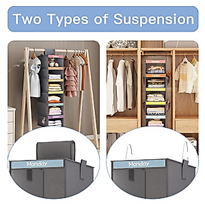 Fixwal 2 Pack 6-Shelf Weekly Clothes Organizer for Kids, Kids Daily Shelf Hanging Closet Organizer with 6 Side Pockets, Days of The Week Hanging Storage Shelves (Dark Grey)