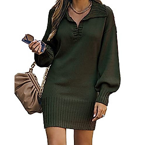 BTFBM Women Casual V Neck Knit Mini Fall Sweater Dresses Long Sleeve Loose Fit Solid Color Ribbed Pullover Jumper Sweaters(Solid Army Green, Large)