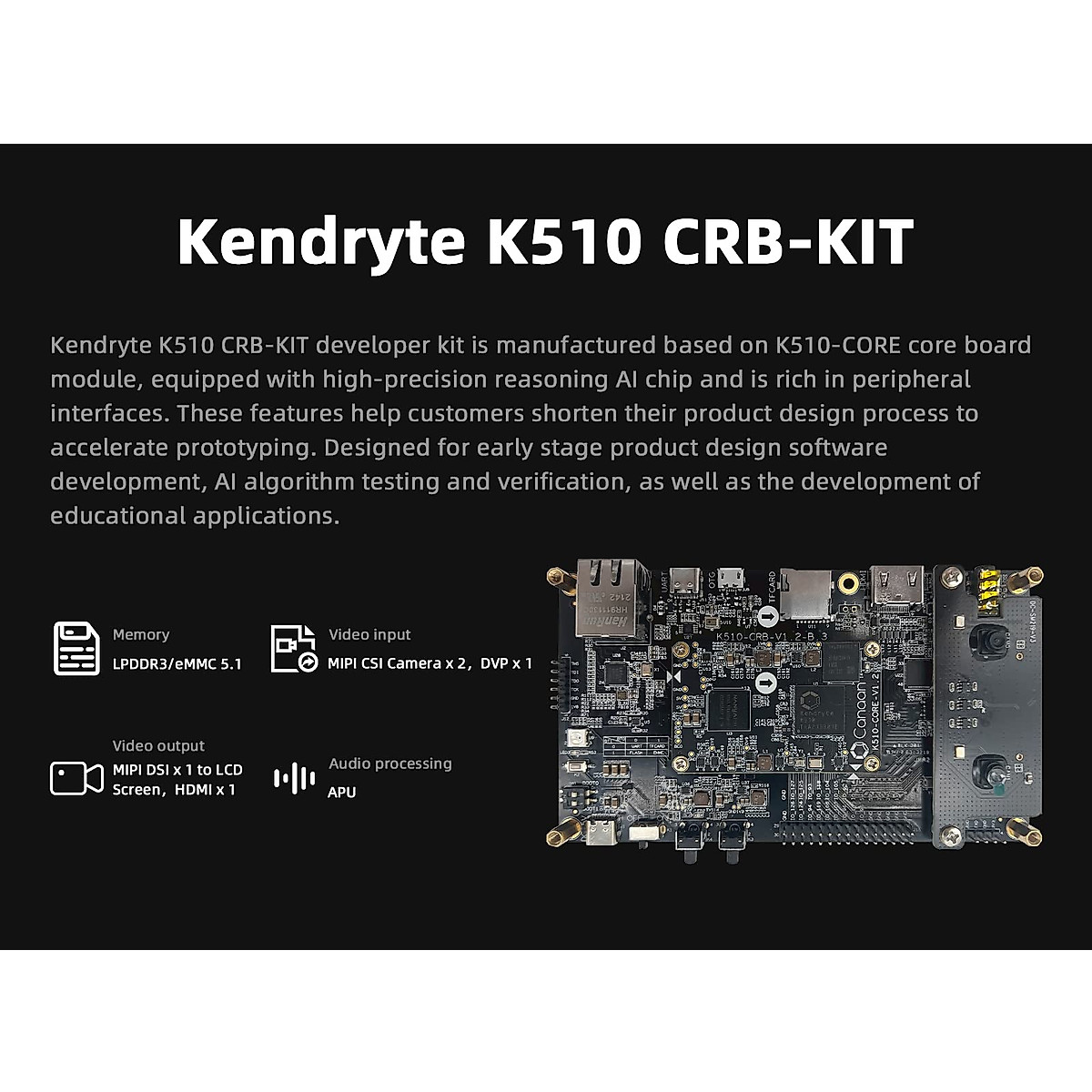 Kendryte K510 CRB-KIT Developer Kit Based on Dual-core 64-bit RISC-V AI SoC Chip 512M LPDDR3+16GB eMMC 5.1 Storage Support Linux System for AI Deep Learning