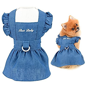 SMALLLEE_LUCKY_STORE Dog Denim Harness Dress, Ruffles Puppy Princess Dress for Small Medium Dog Cat Girls Adjustable Pet Jean Skirt with D-Ring Female Dog Clothes Summer Apparel,Dark Blue,XS