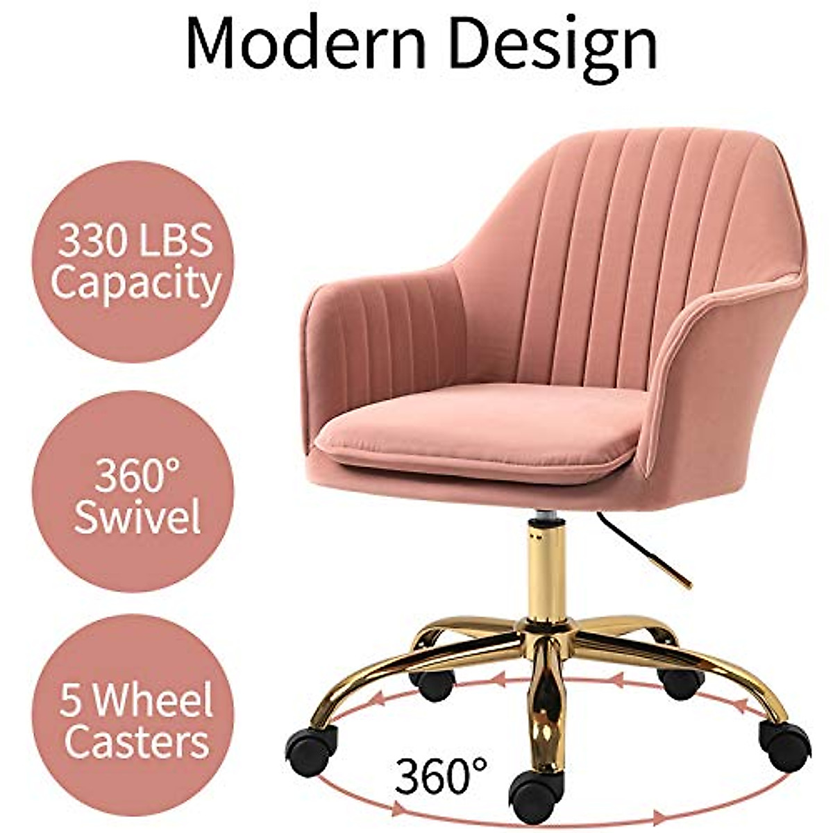 HOMHUM Desk Chairs with Wheels, Home Office Chair Mid-Back Velvet Office Chair Adjustable Cute Chair with Side Arms and Gold Metal Base for Living Room, Bedroom, Home Office, and Vanity Room (Pink)
