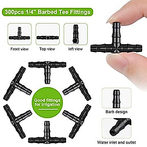 300pcs 1/4" Universal Barbed Tee Fittings, Kalolary Barbed Connectors Drip Irrigation Fits for 4/7mm Water Hose Drip Irrigation Watering System