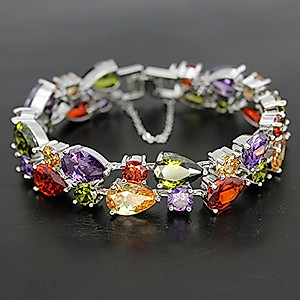 Fashion Gemstone Silver Bracelets, Silver Jewelry for Women Bracelet, Amethyst Garnet Morganite Peridot Women Jewelry Bracelets (8 inch)