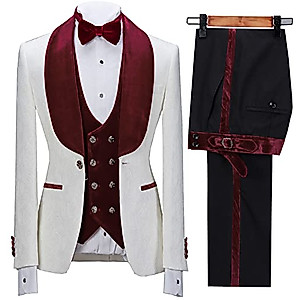 Men Suit 3 Pieces Jacquard Floral Shawl Collar Paisley Tuxedo Solid Suit Wedding Prom Suit-42,Burgundy