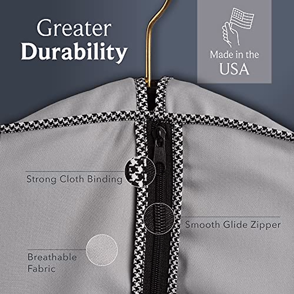 Tuva Inc. Breathable Cotton Extra Long Fur Coat/Gown/Robe Bag, Grey with Houndstooth Trimming, with 4 Inch Gusset (45 Inches)