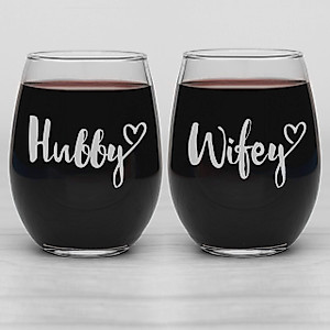 Hubby and Wifey Wine Glasses - Mr and Mrs Wedding Gifts - Engagement Anniversary Gift Couple 20oz