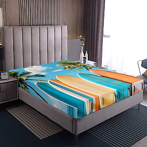 Erosebridal Ocean Beach Bed Sheets for Boys Girls,Hawaiian Tropical Palm Trees Sheet Set Full,Marine Theme Nautical Sea Surfing Fitted Sheet,Summer Vacation Surfboard Sheets Boho Hippie Style Decor