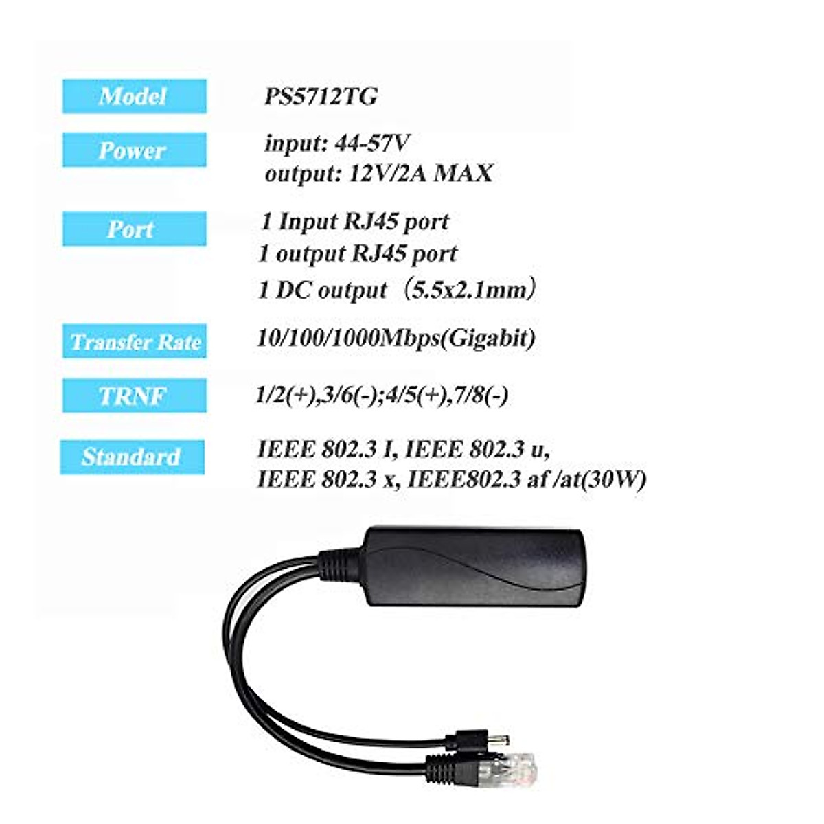 REVODATA Gigabit PoE Splitter 12V 2A Output with IEEE 802.3af/at Standard Compliant 10,100,1000Mbps Power Over Ethernet Splitter Adapter for Security Camera CCTV Surveillance 5.5x2.1mm DC PlugPS5712TG