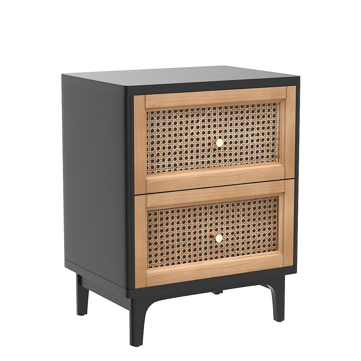 COZAYH Set of 2 Fully-Assembled 2-Drawer Woven Cane Front Accent Nightstand with Brass Knobs, Black