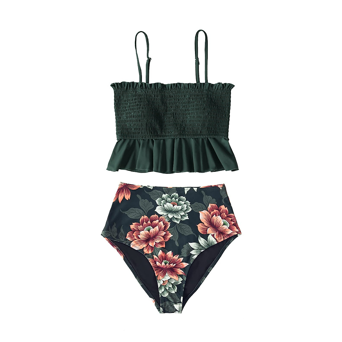 CUPSHE Women's High Waist Bikini Swimsuit Floral Print Ruffle Two Piece Bathing Suit, L Army Green