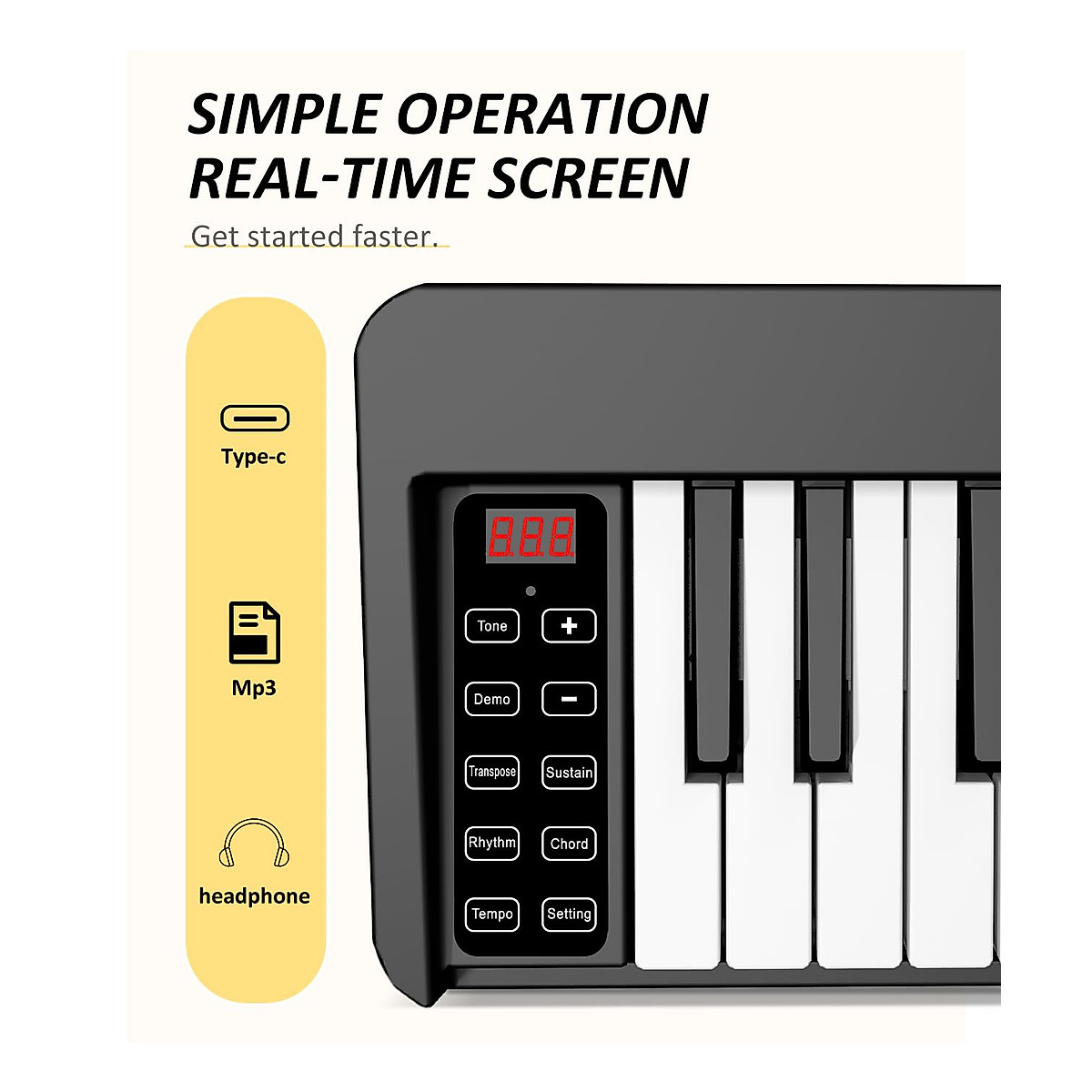 Finger Dance 61 Key Folding Piano Keyboard, Upgrand Imitation Wood Texture Keyboard Portable Piano, Bluetooth & MIDI, Foldable Keyboard Piano for Beginner - Deep Black