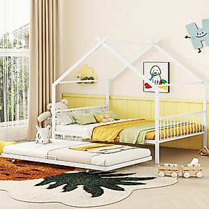Metal House Bed for Kids, Full Size Bed Frame with Trundle Bed Twin, Kids Bed Frame with Headboard and Footboard, Full Size House Bed for Kids, Girls, Boys(Full White)