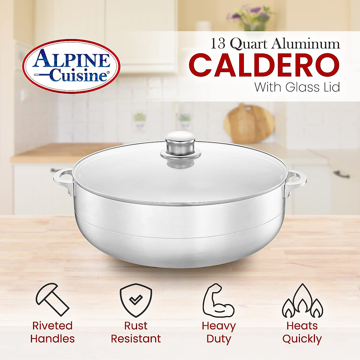 Alpine Cuisine 13-Quart Aluminum Caldero Stock Pot with Glass Lid, Cooking Dutch Oven Performance for Even Heat Distribution, Perfect for Serving Large & Small Groups, Riveted Handles Commercial Grade