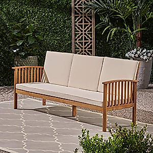 Christopher Knight Home Breenda Outdoor Acacia Wood Sofa with Cushions, Teak Finish, Cream