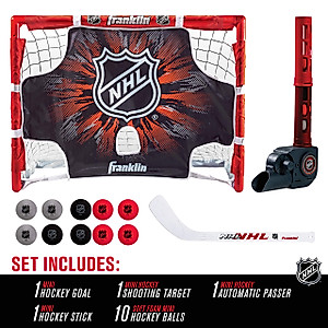 Franklin Sports NHL Kids Knee Hockey Goal Set - Mini Hockey Goal + Stick Set - Automatic Hockey Ball Passer, Goal & Target Set - Youth Toy Hockey Set