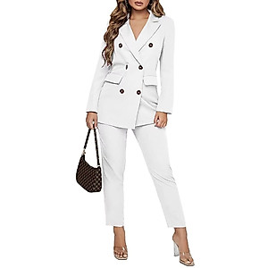 Women Double Breasted Blazer Set Formal 2 Piece Pants Outfits Long Sleeve Bussines Suit Set for Work Office White L
