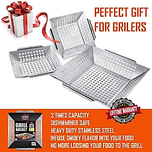 3 Pack Grill Baskets for Outdoor Grill, Heavy Duty Stainless Steel Vegetable Grill Basket, Grilling Basket for Veggies, Grilling Accessories for All Grills & Smokers - Grilling Gifts for Men