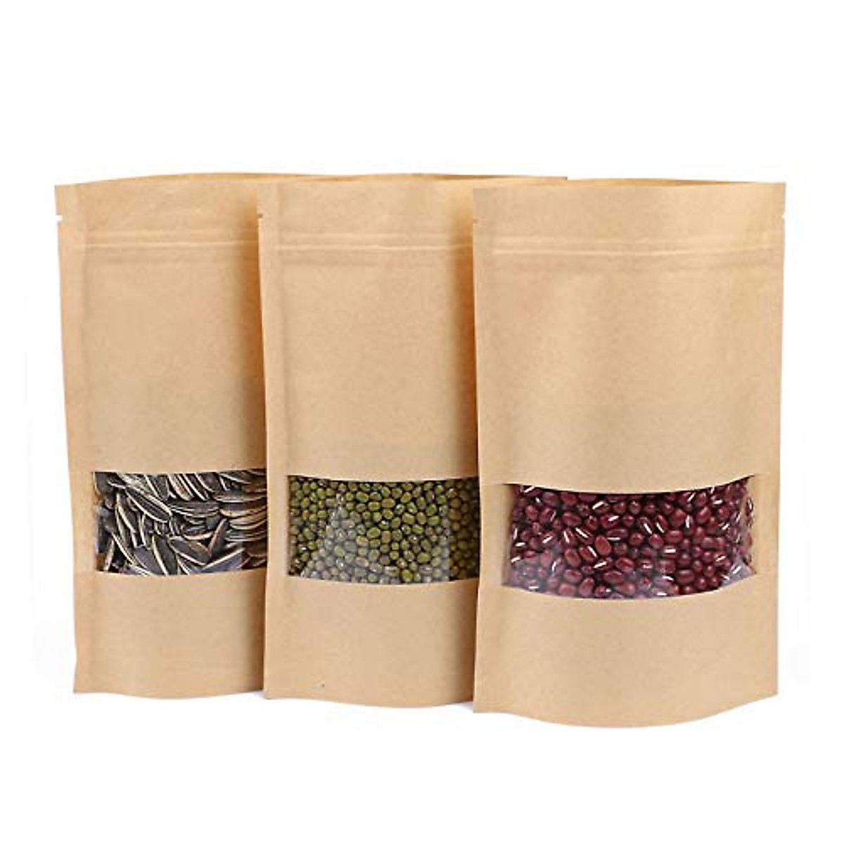 Katfort Stand Up Pouches 100pcs, 7.8''×4.6'' Resealable Bags for Small Business, Resealable Kraft Paper Bags with Window, Paper Bakery Bag for Small Business, Family, Company