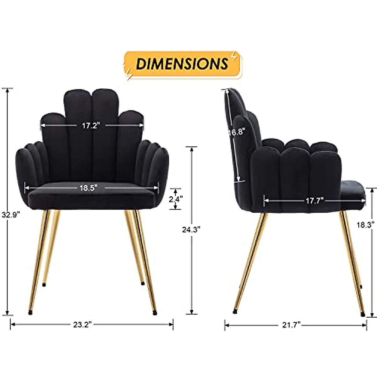 CIMOTA Black Dining Chairs Set of 2 Velvet Upholstered Comfy Living Room Chairs Modern Finger Shape Back Vanity Chair with Arms for Makeup Room/Bedroom, 2PCS