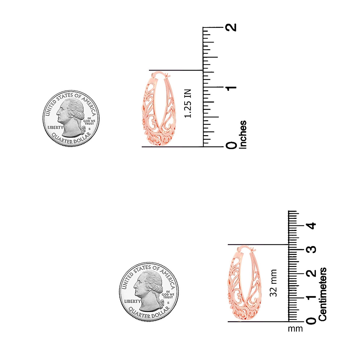 LeCalla 925 Sterling Silver Hoop Earrings Italian 14K Rose-Gold Plated Oval Filigree Hoops Earring Click-Top Lightweight Jewelry for Women - 32MM