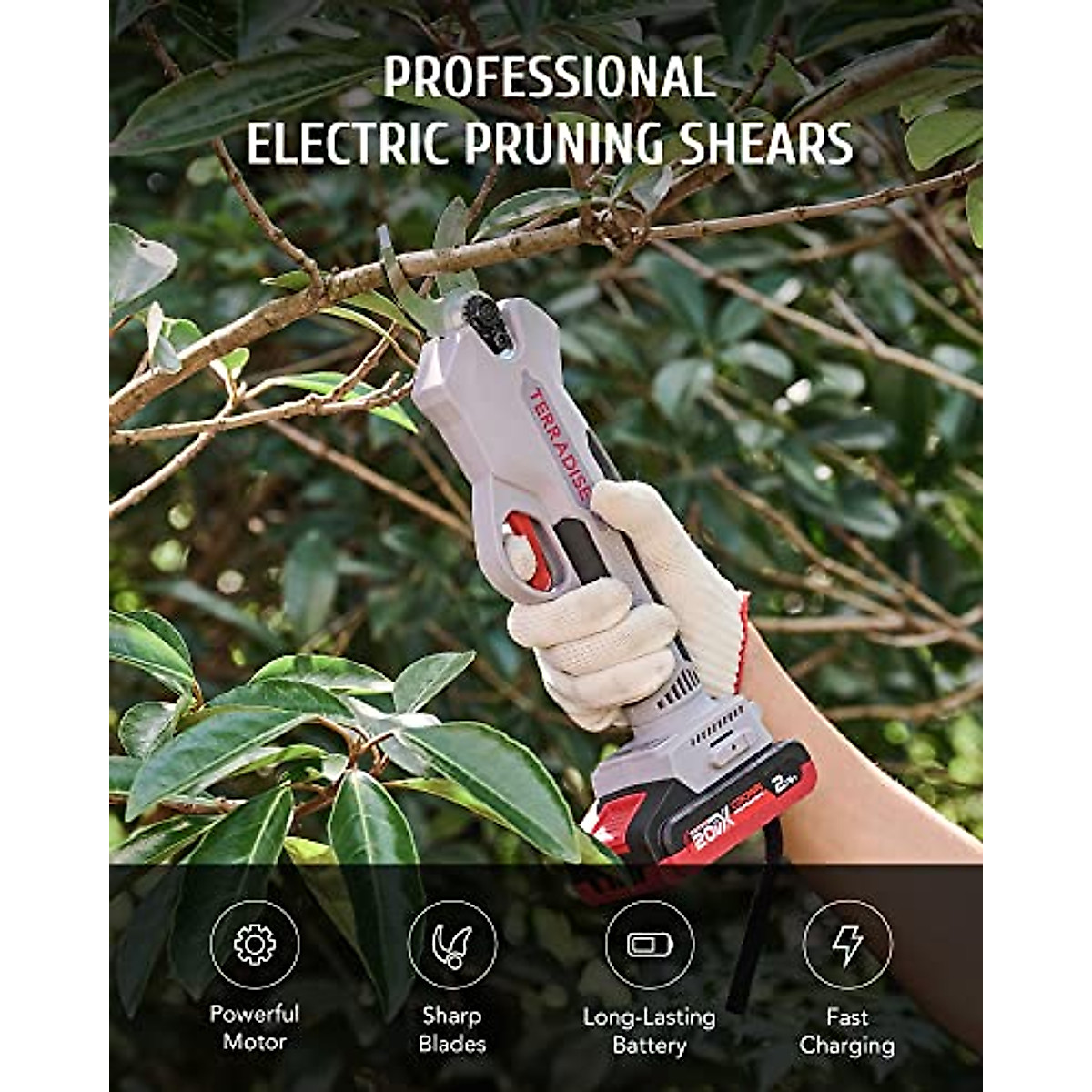 TERRADISE Electric Pruning Shears for Gardening, Power Garden Shears with Rechargeable 2000mAh Battery & Sheath, Cordless Hand Pruner w Adjustable Cutting Width, Hand Held Tree Trimmer Hedge Shears