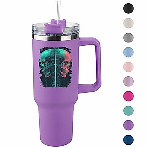 LB LEOBON 40 ounce insulated cup with handle, double-layer vacuum stainless steel material, equipped with straw, can keep warm or maintain cold drinks Neone Poppe Skeletons 2 Deep purple