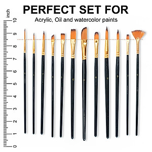 MAYYAYA 12 Pieces Crafts Artist Paint Brushes Set - Nylon Bristles with Round, Filbert, Flat, Fan, Angle, Fine Detail Brush for Artists and Beginners- Acrylic Painting, Oil, Watercolor (Black)