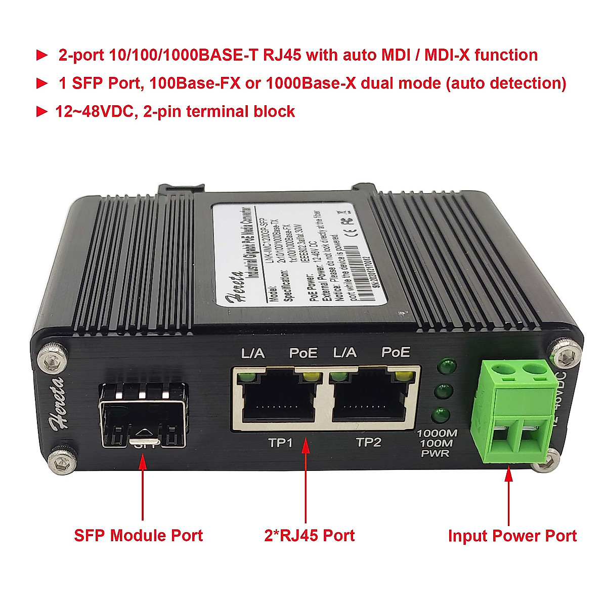 Hereta Gigabit Industrial Ethernet Media Converter POE+ 30W Aluminum Case 2 RJ45 Port 1 SFP Port Supports External SFP Modules 12~48V DC Input Power