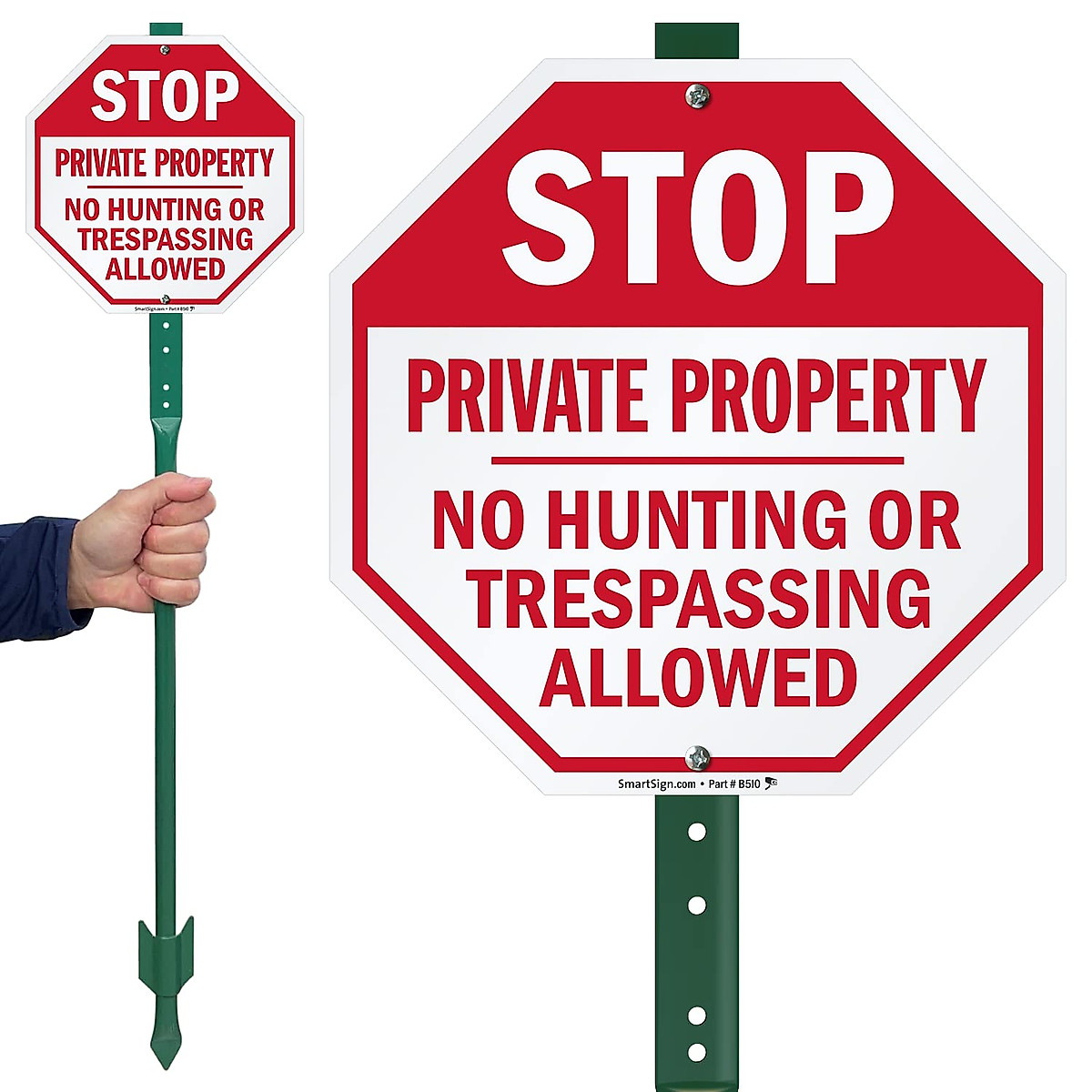 SmartSign 10 x 10 inch “Stop - Private Property, No Hunting Or Trespassing Allowed” LawnBoss Yard Sign with 3 foot Stake, 40 mil Laminated Rustproof Aluminum, Red and White, Set of 1, Made in USA