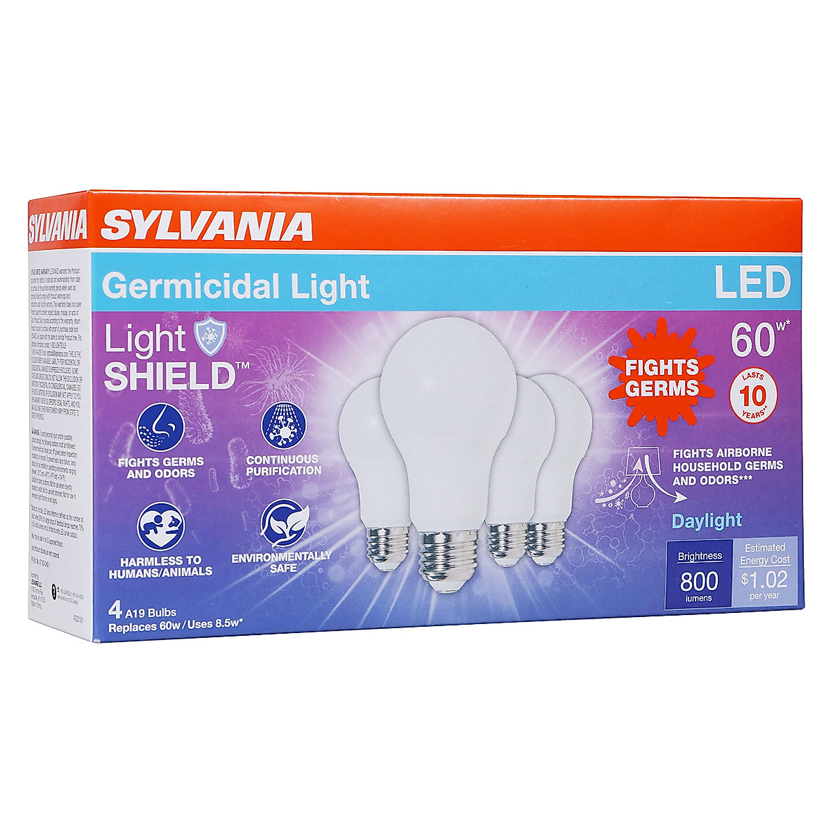 SYLVANIA LightSHIELD A19 Germicidal LED Light Bulb, 8.5W=60W, 10 yr, Non-Dimmable, 800 lm, 5000K, Daylight - 4 Pack (41068)