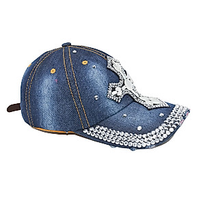 Popfizzy Cross Hat, Rhinestone Hats for Women, Bling Bling Bedazzled Baseball Caps, Distressed Denim Hat, Bejeweled Hats