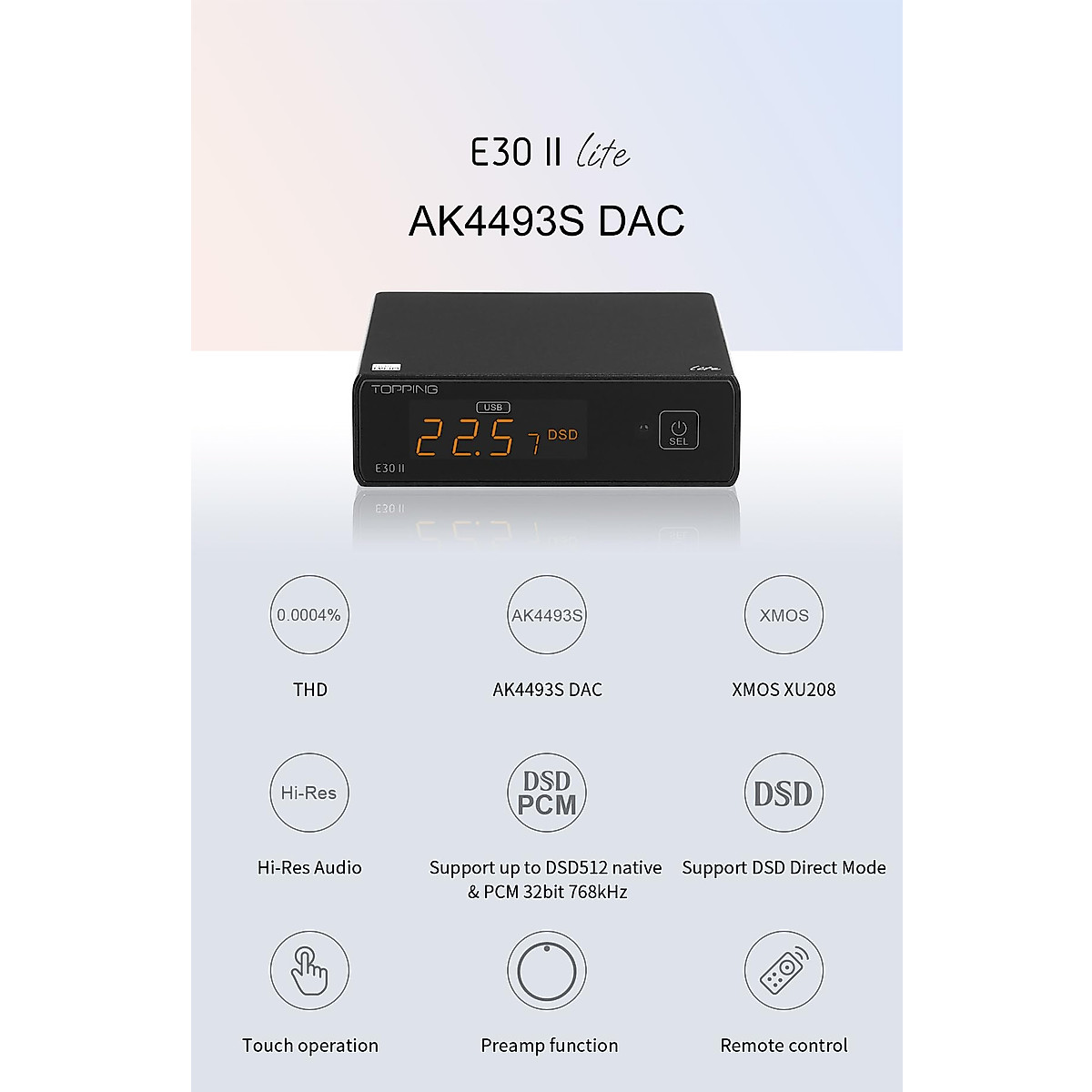 Topping E30II Lite AK4493S DAC Hi-Res Audio XMOS AU208 Touch Operation Preamp Decoder (Black)