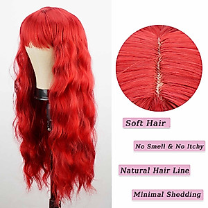 andromeda Red Wig with Bangs Soft Long Wavy Wigs for Women Curly Synthetic Wig Replacement Halloween Costumes Cosplay Party Wigs (Red)