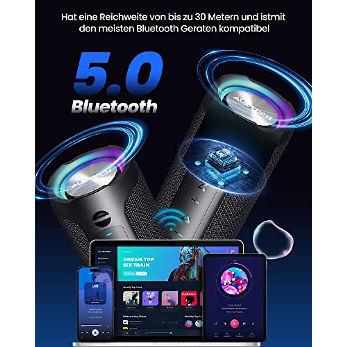 AUKTECH Bluetooth Speakers - Portable Speakers Bluetooth Wireless(100ft), 24W Loud Stereo Sound, Led Lights, 20H Playtime, IPX7 Waterproof Speaker for Outdoor, Home, Party, Beach, Shower