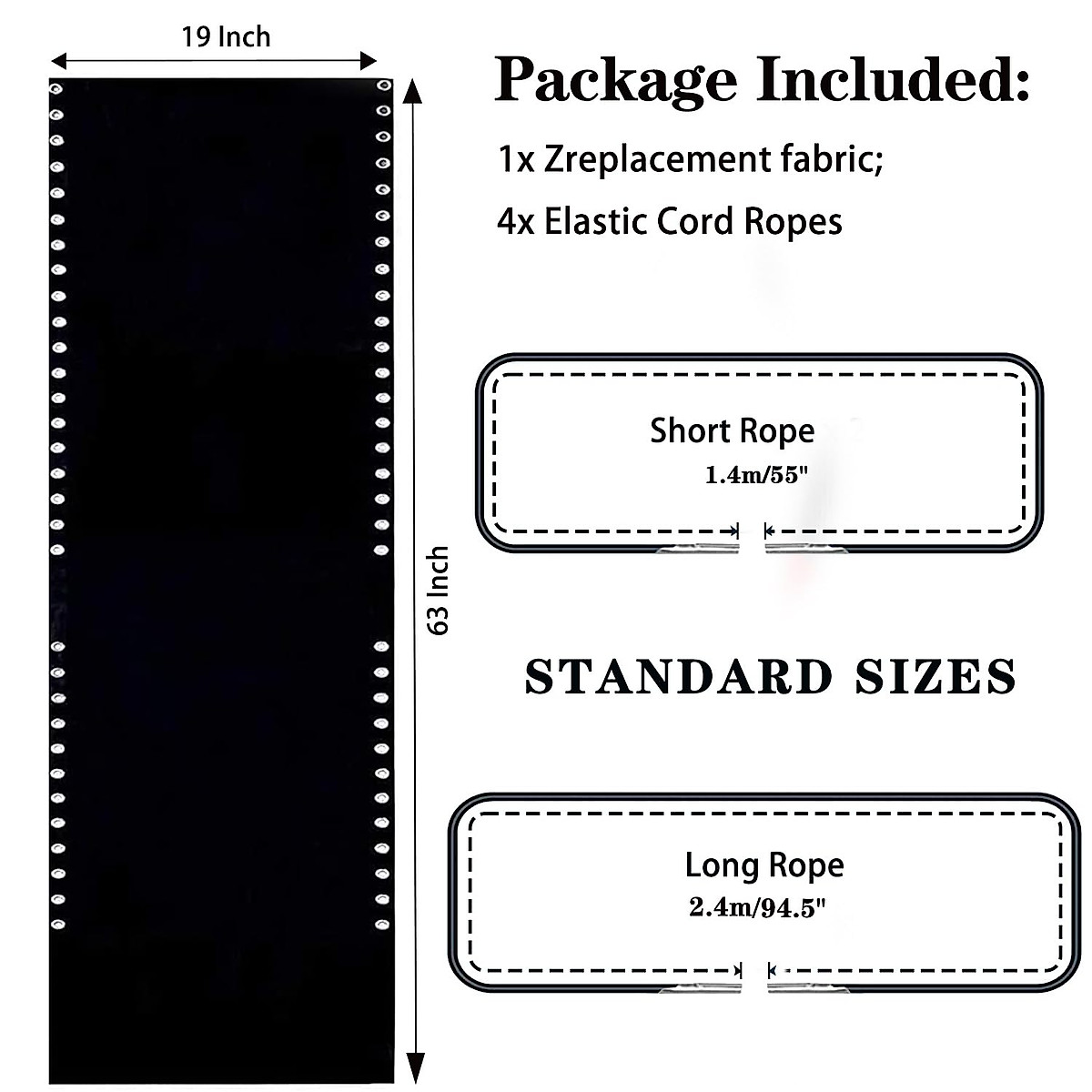 Zero Gravity Chair Replacement Fabric with Bungee Cord Kit, 19 Inch Wide Repair Cloth with Replacement Cord for Anti Gravity Chairs Outdoor Recliner Patio Lounge Chair Lawn Beach Sling Chair, Black