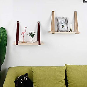 YOYAI Leather Strap Wood Floating Wall Shelf Wooden Shleves Wall Organizer Wall Mount Shelf Home Decor Kitchen Living Room Bedroom（Beige Set of 2）