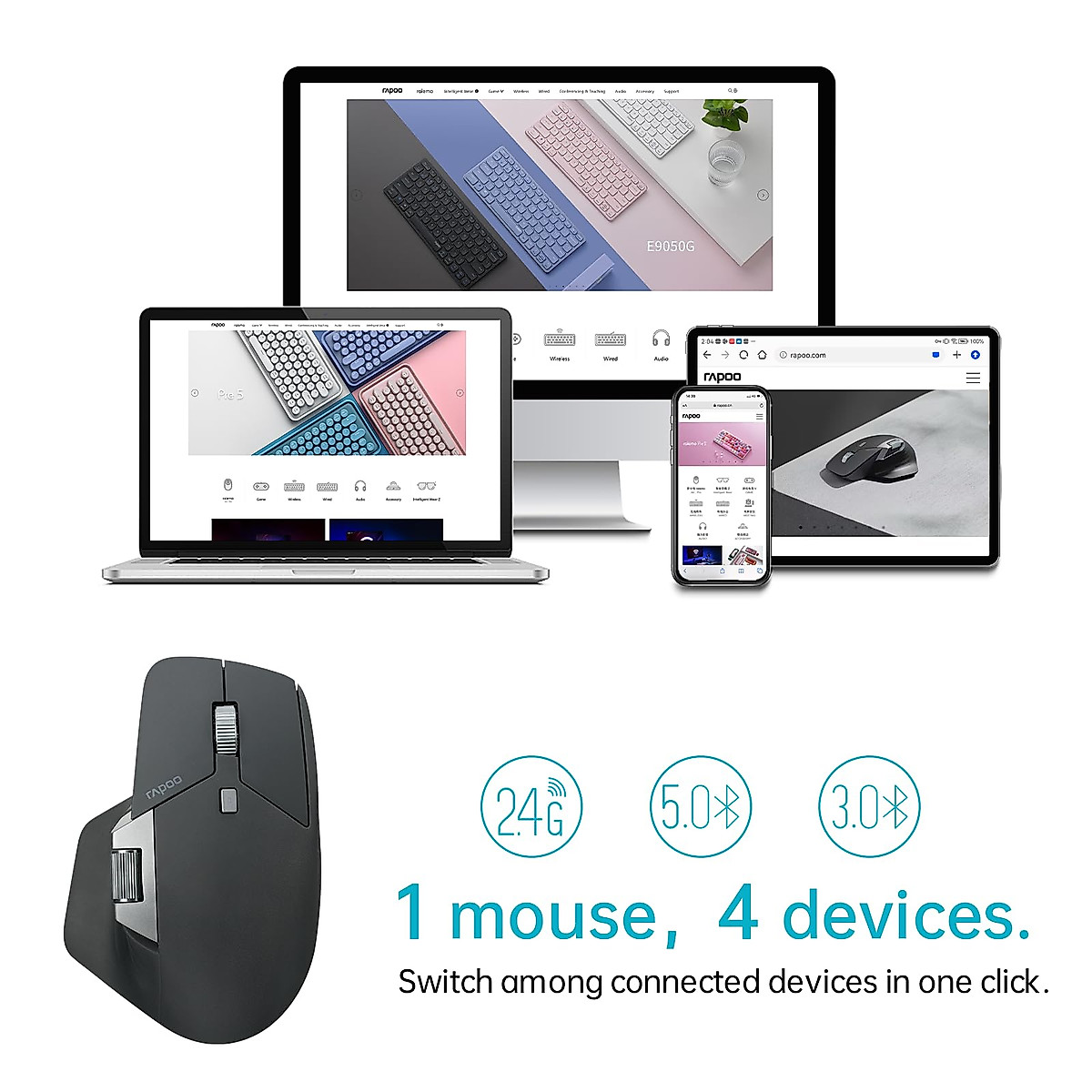 Rapoo MT760L Wireless Bluetooth Mouse, Ergonomic Design, 4 Adjustable DPI, 8 Programmable Buttons, 90 Days Battery Life, Matte Black